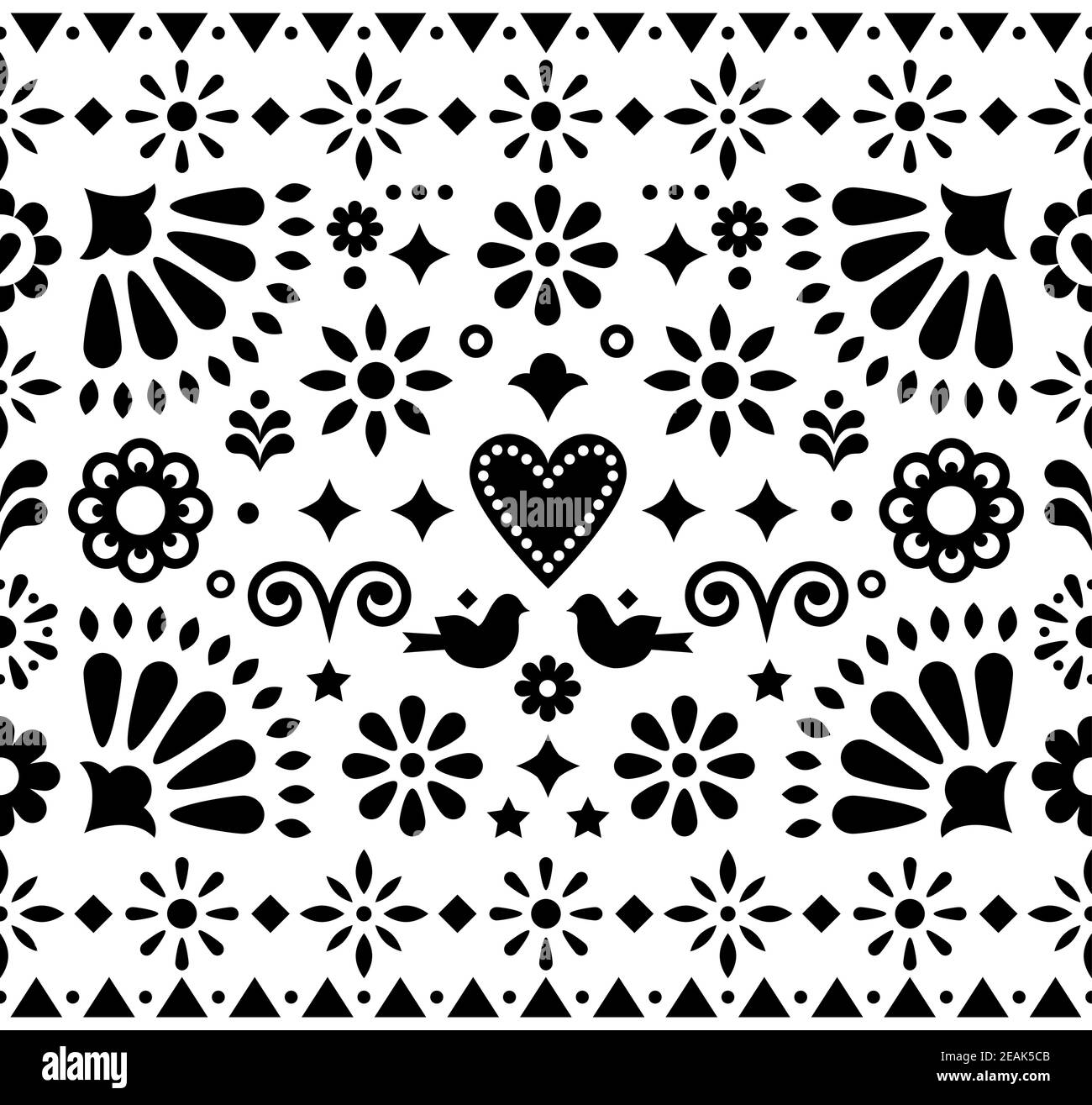 Mexican folk art monochrome seamless vector pattern, design with ...