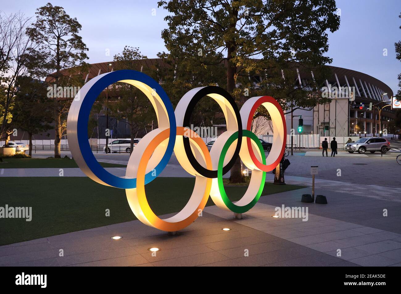 Tokyo, Japan. 10th Feb, 2021. Illuminated Olympic rings are displayed ...