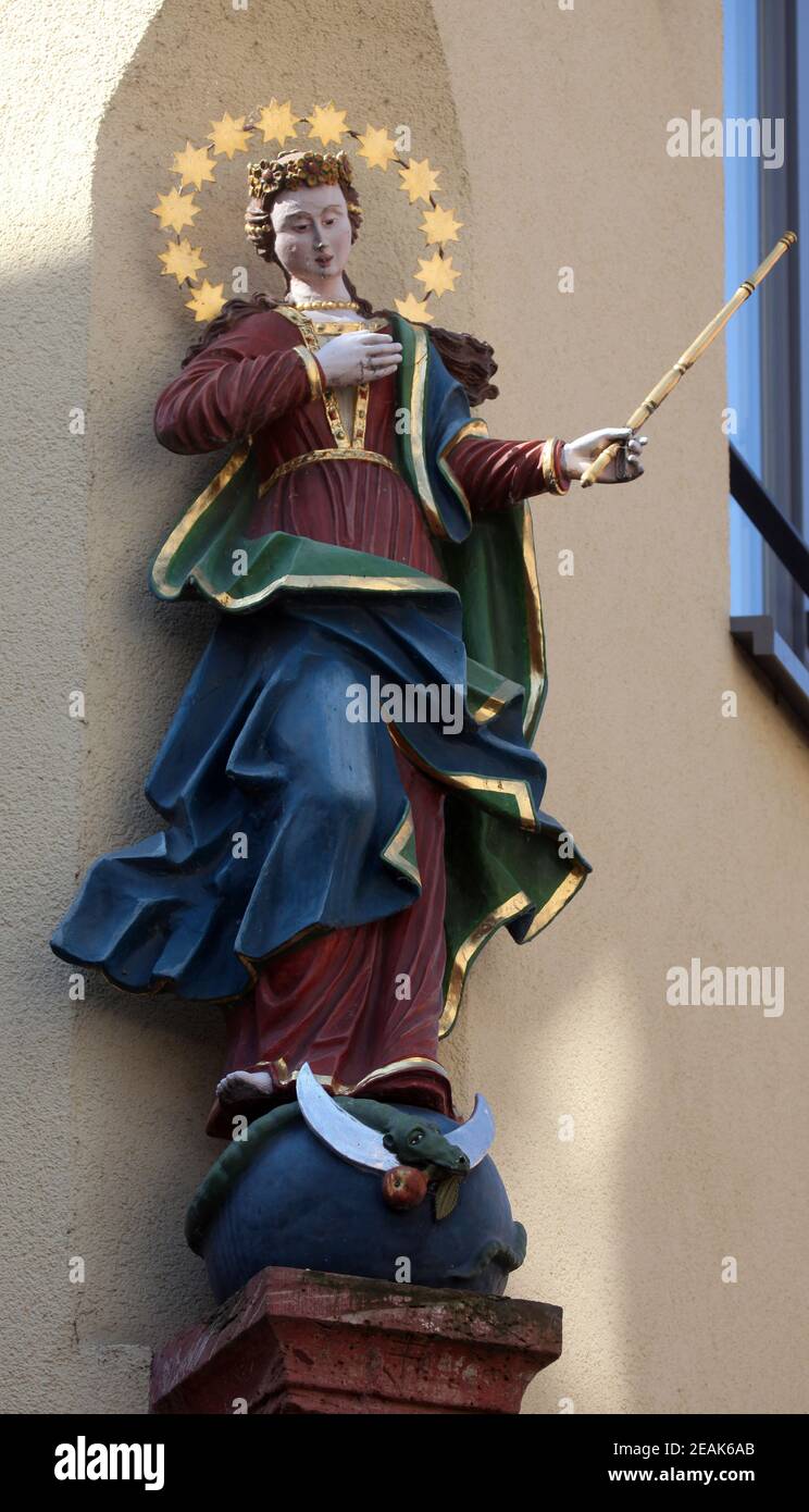 Statue of Virgin Mary, Main street of Miltenberg in Lower Franconia ...