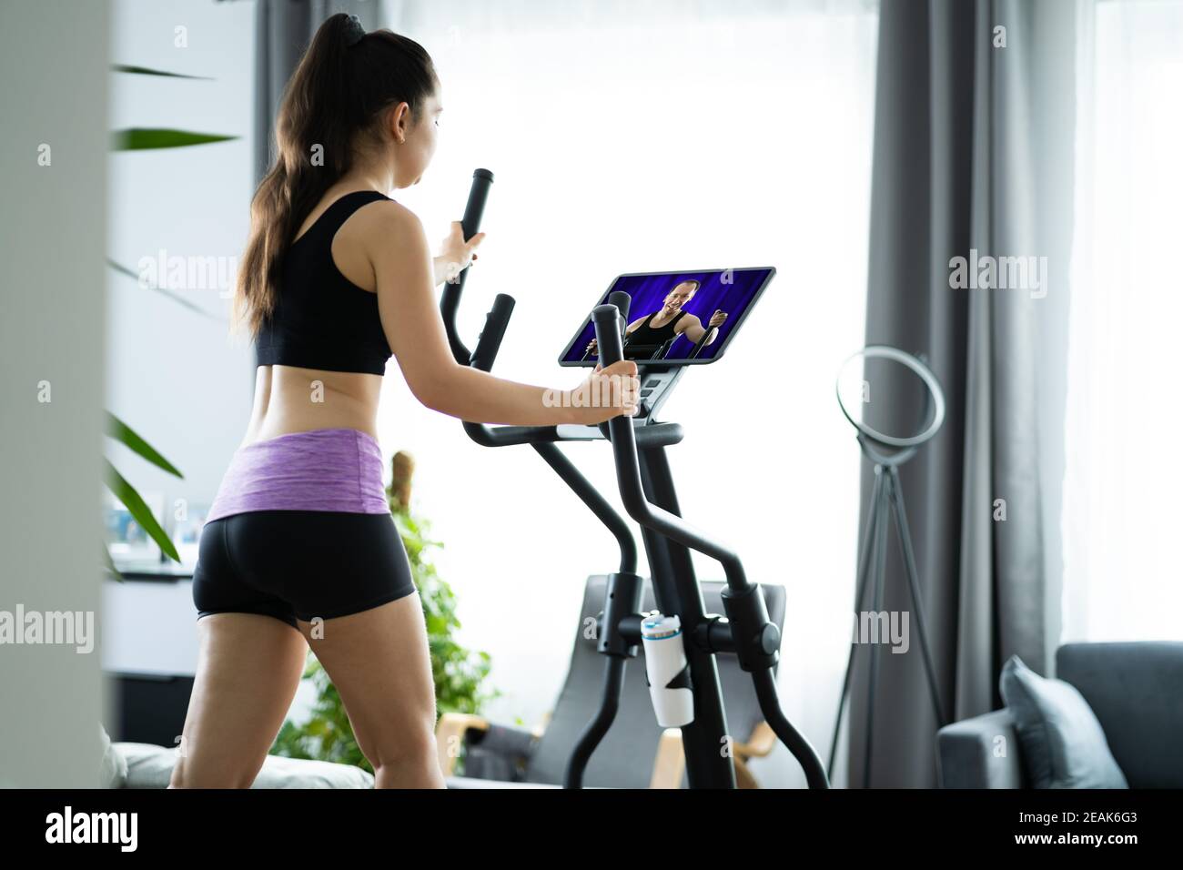 Woman Training On Elliptical Trainer Online Stock Photo - Alamy