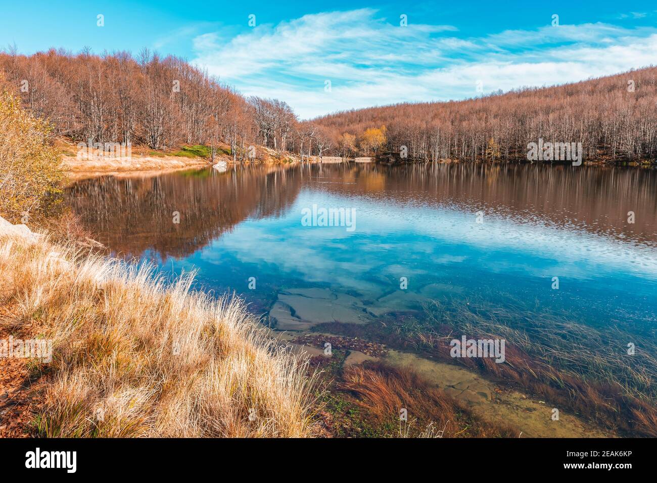 Colorful panoramic view of Lake Baccio, among the Apennine mountains in ...