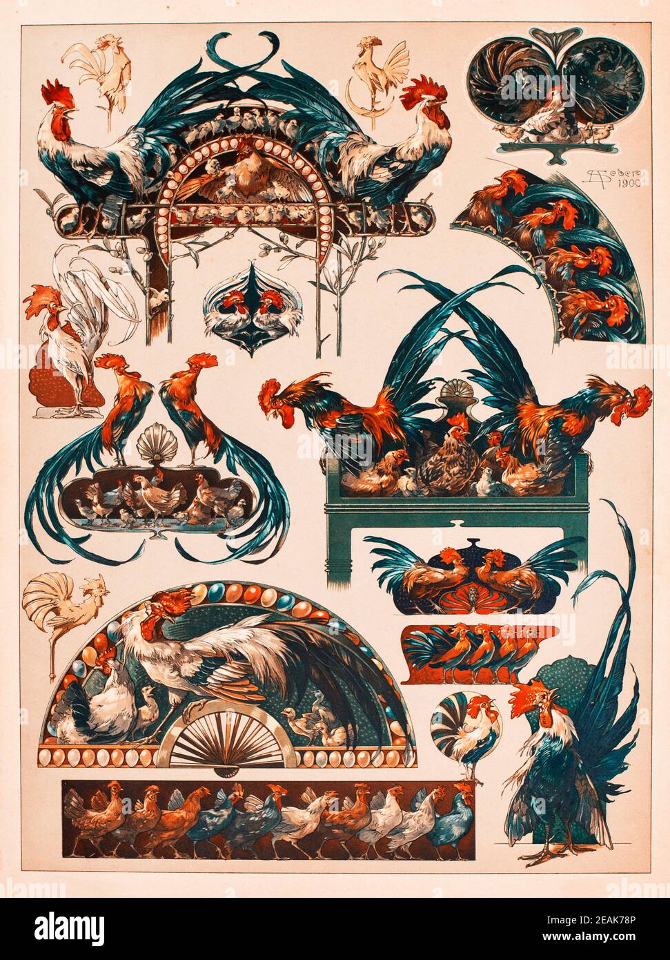 Art Nouveau Lithograph print by Anton Sedar. Animal series: Roosters ...