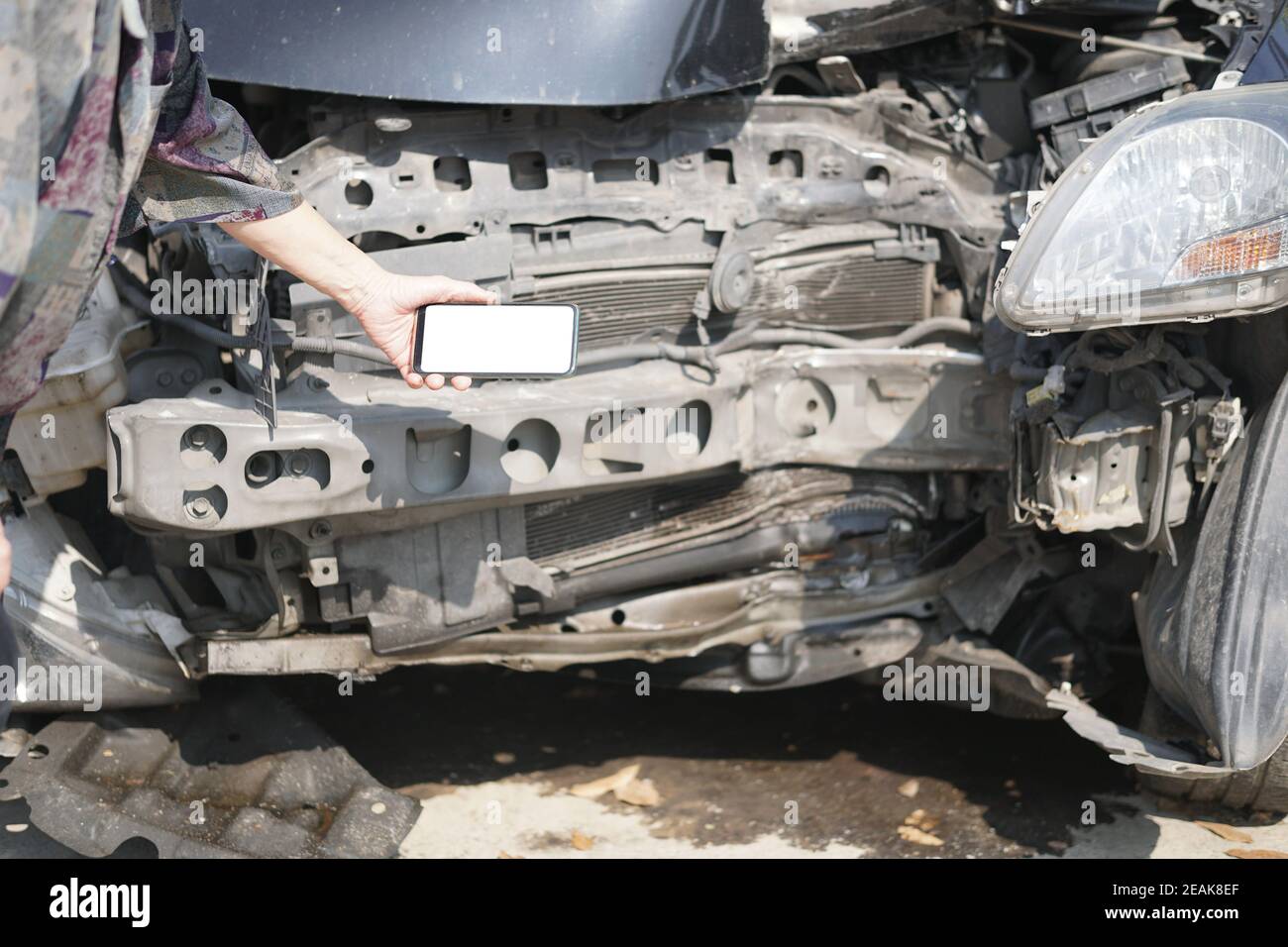 hand take photo of crashed damaged broken car. automobile crash ...