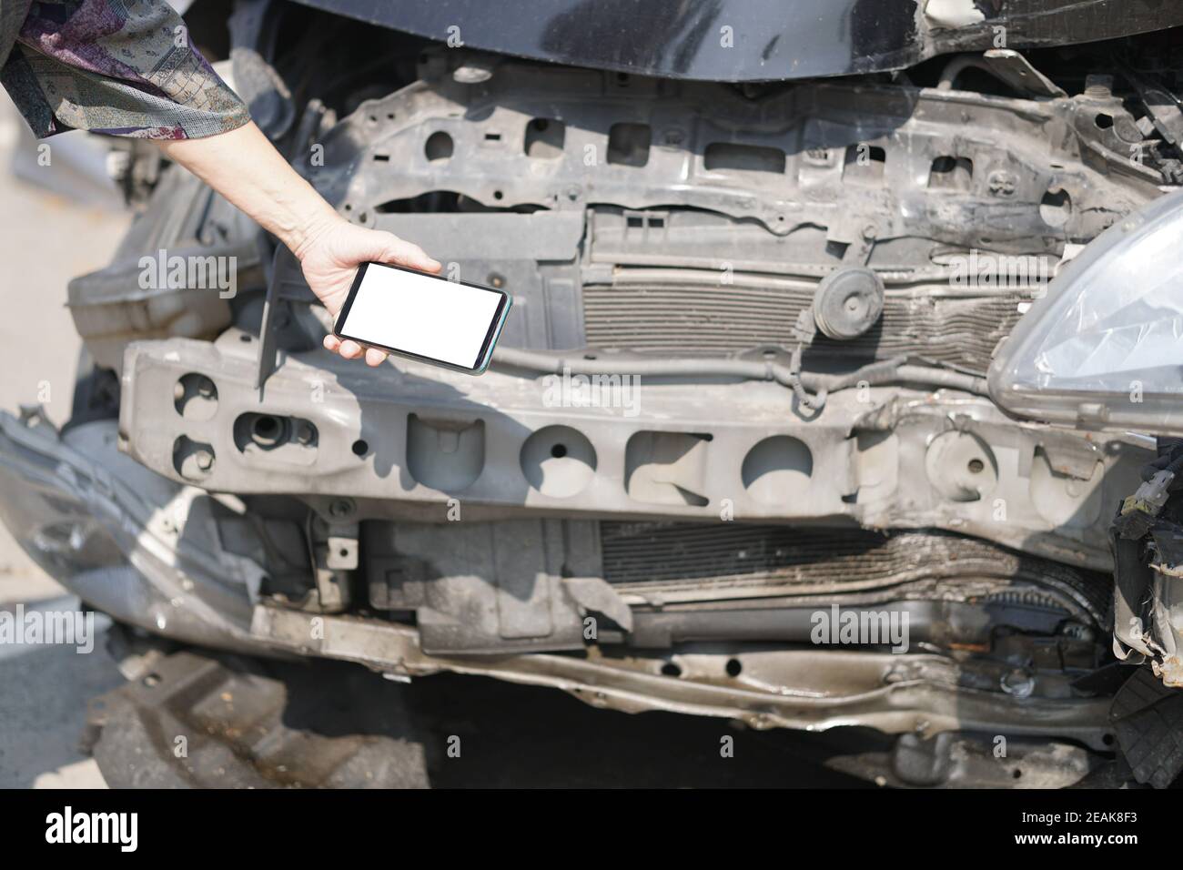 hand take photo of crashed damaged broken car. automobile crash ...