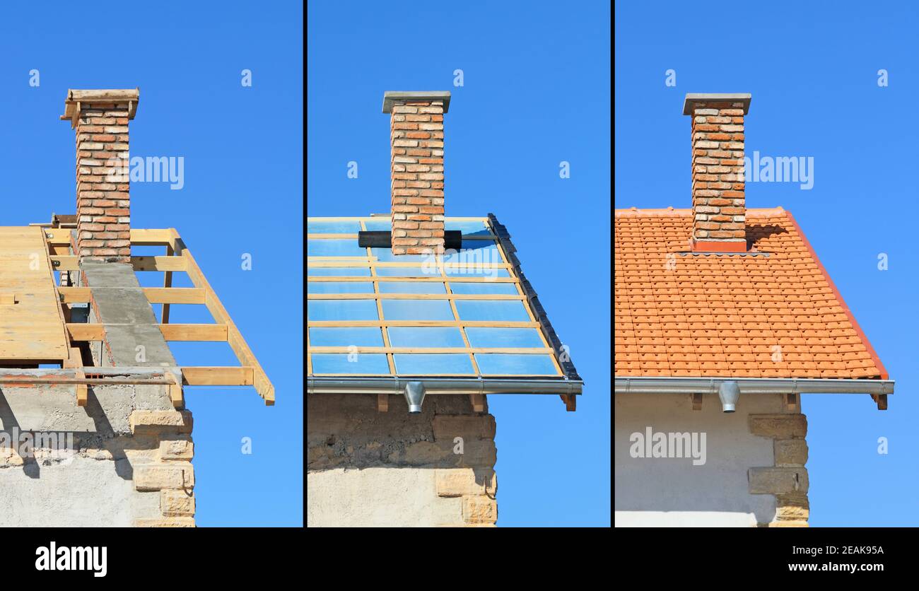 Three phases of a roof construction. Carpentry work, thermal insulation ...
