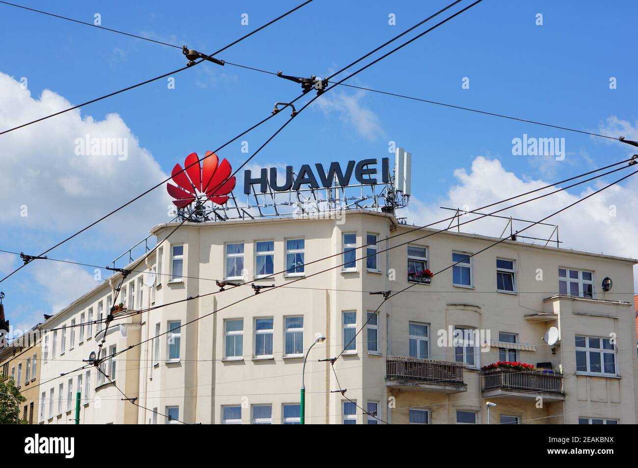 POZNAN, POLAND - Jul 13, 2017: Huawei company logo on the top of a ...