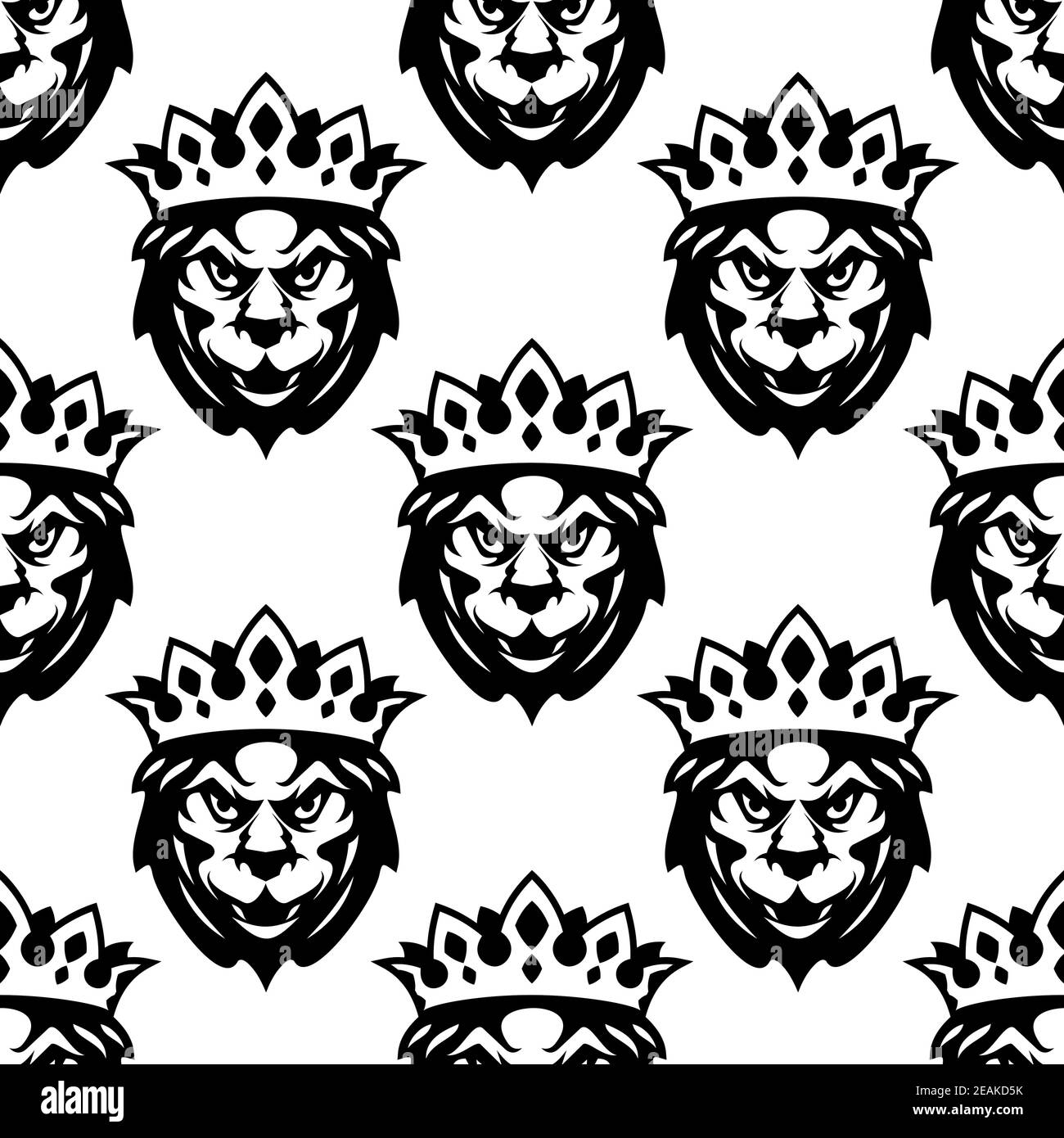 Seamless pattern of the head of a Royal lion wearing a crown in a ...