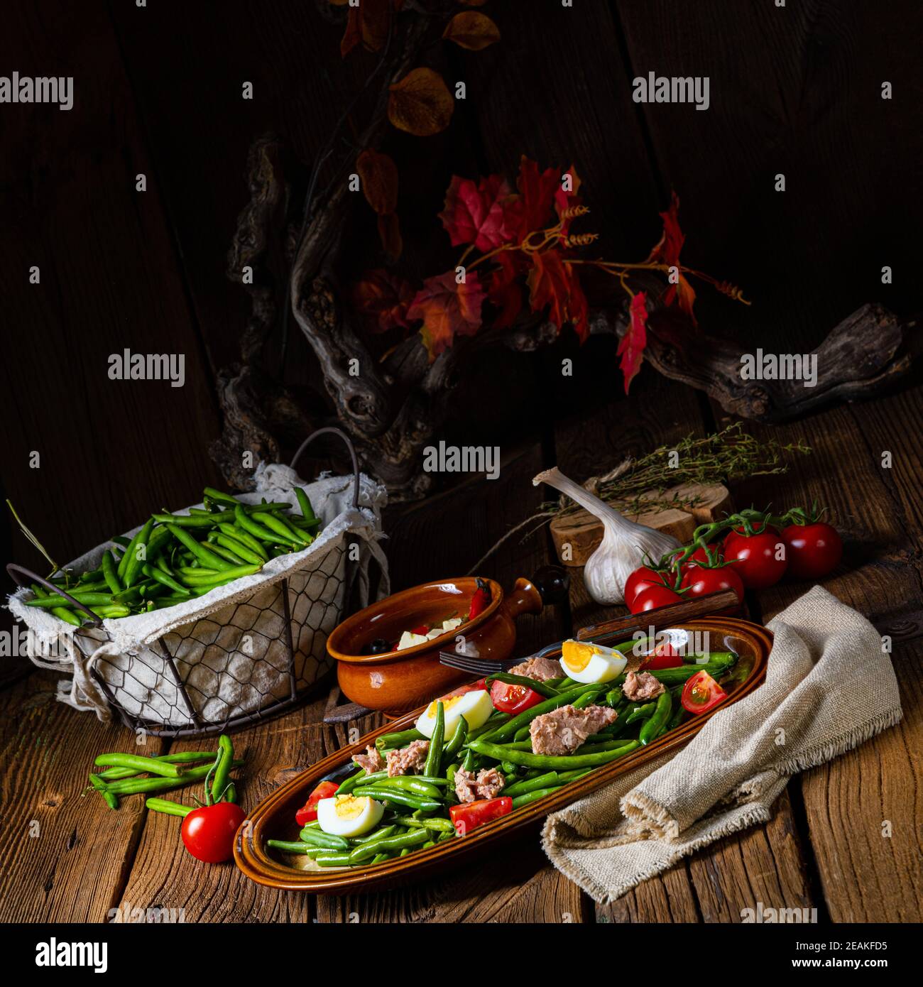 Rustic green bean salad with egg and tuna Stock Photo - Alamy