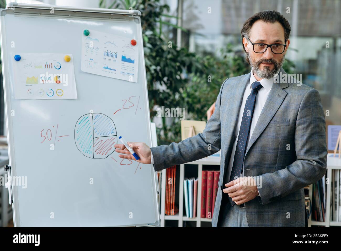 Influential male entrepreneur in formal suit, making a presentation on ...