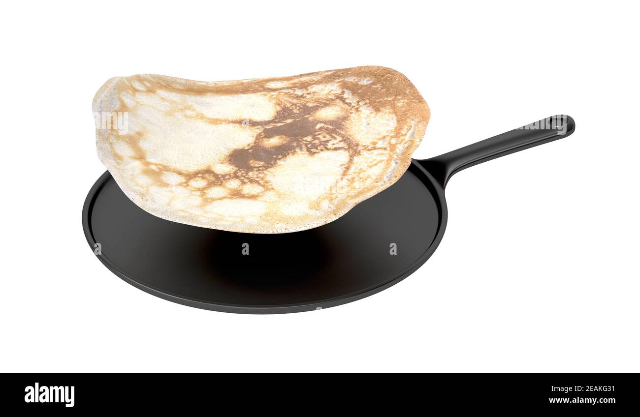 Frying pan with flying pancake Stock Photo - Alamy