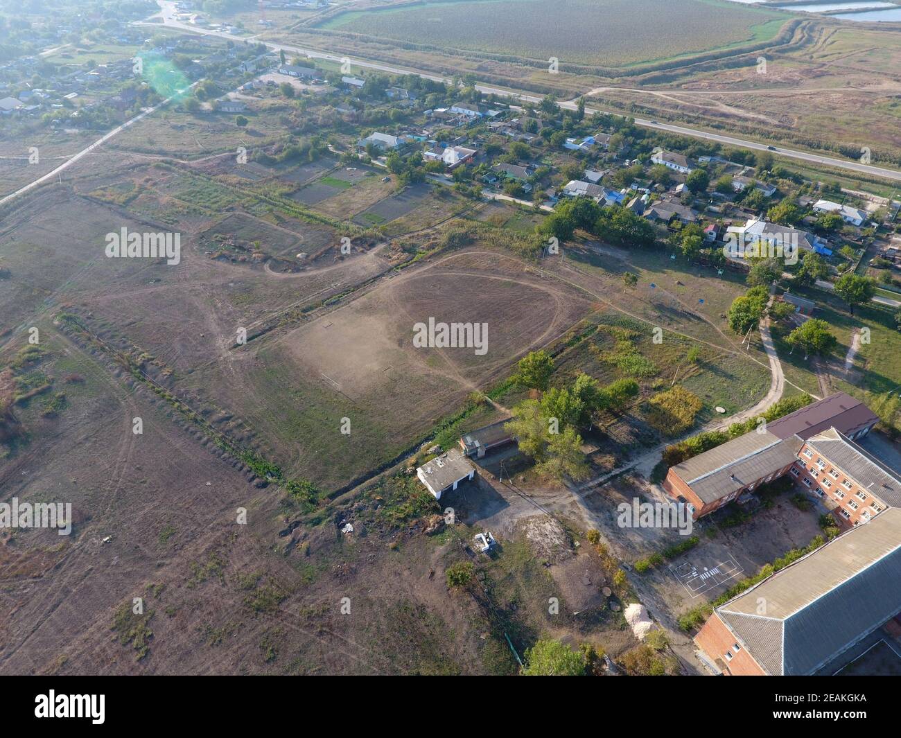 View from the top of the village. Houses and gardens. Countryside ...