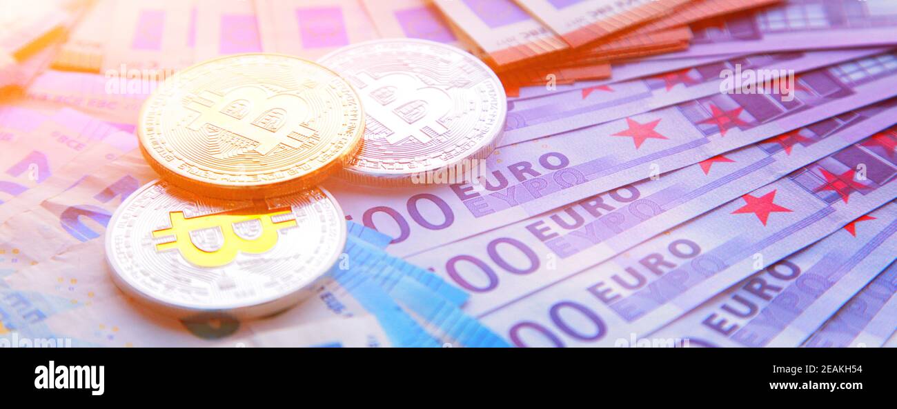 Physical bitcoins. Virtual crypto currency coin. Blockchain technology ...