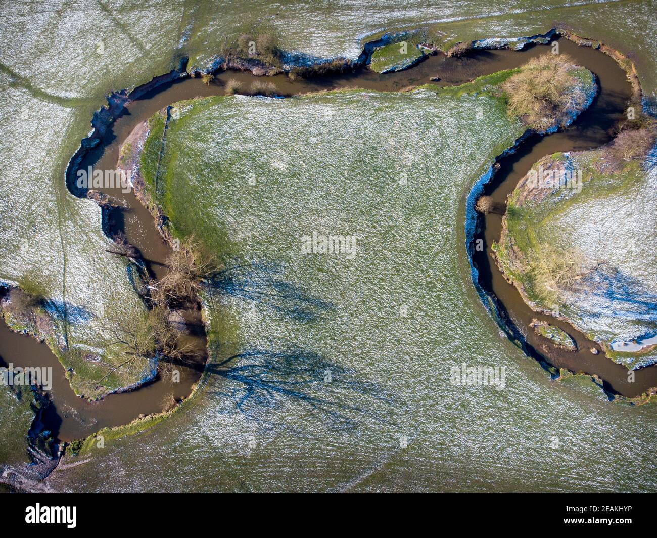 An aerial view of the winding river Arrow running through Warwickshire ...