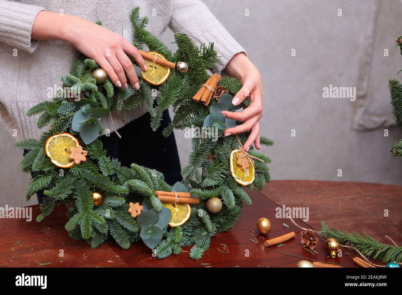 Christmas decoration is made by hand. The traditional Christmas wreath ...