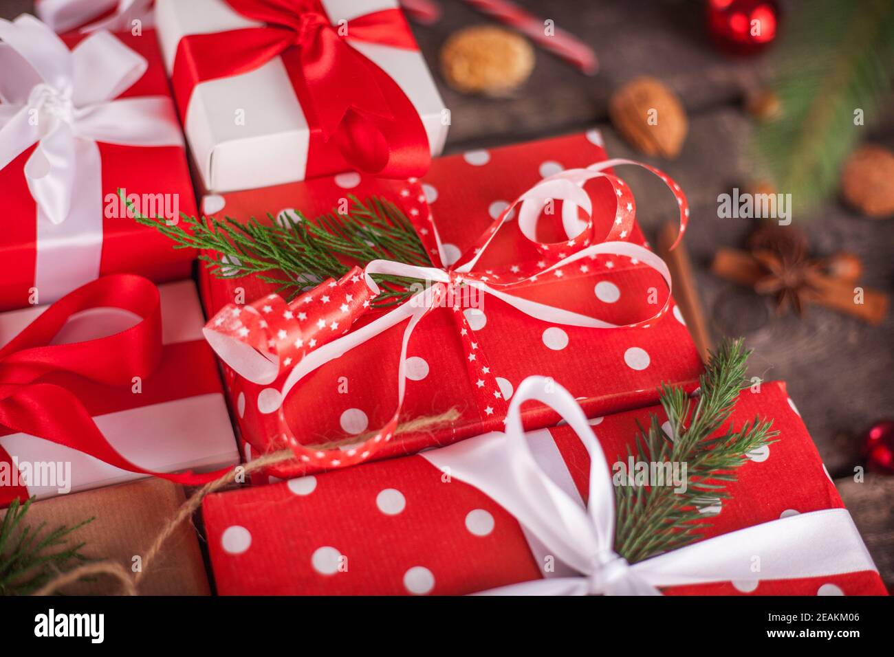 Handmade wrapped christmas gift boxes on celebrate background Stock ...