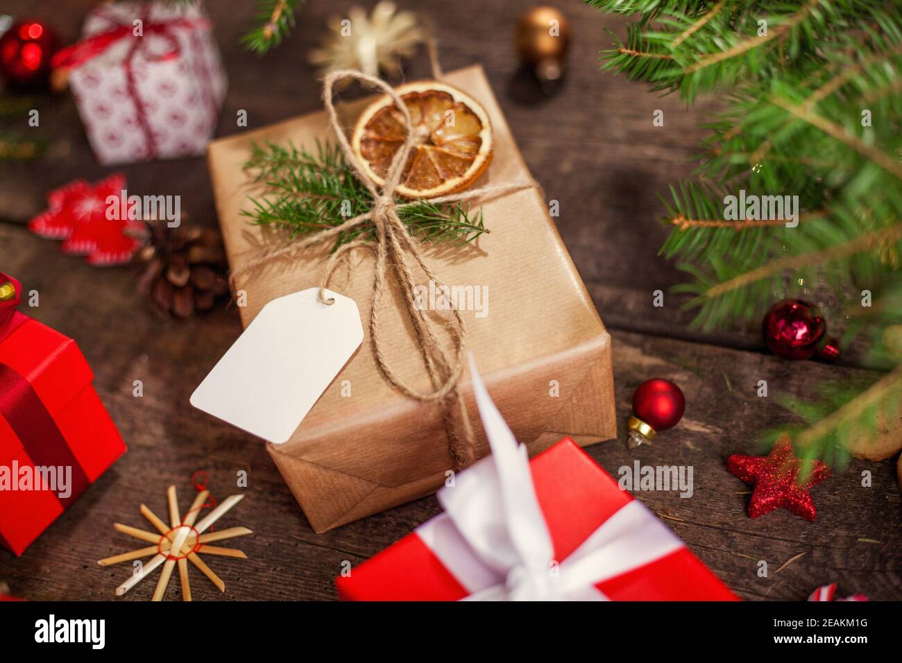 Handmade wrapped christmas gift boxes on celebrate background Stock ...
