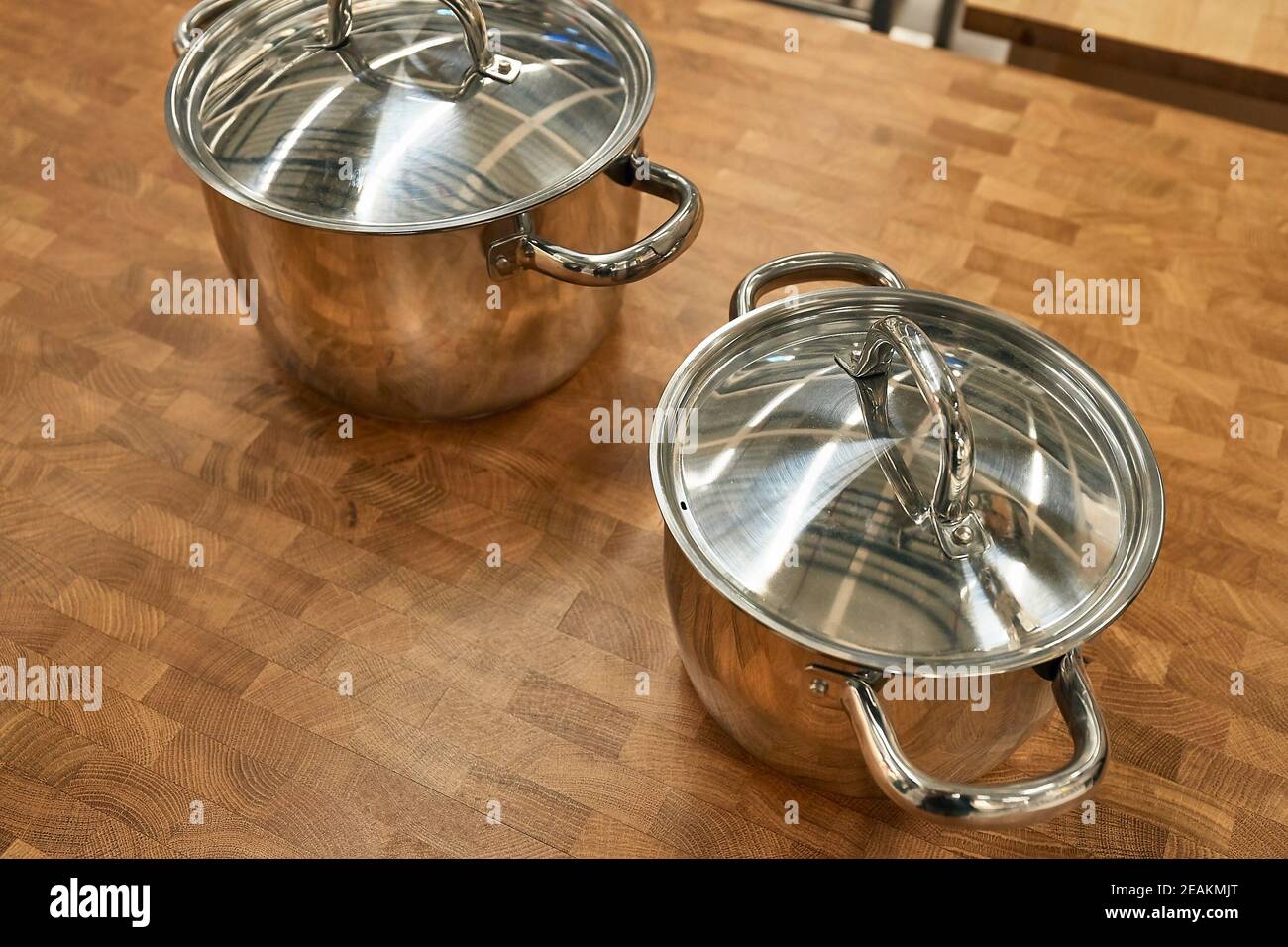 Pots on a kitchen counter Stock Photo - Alamy