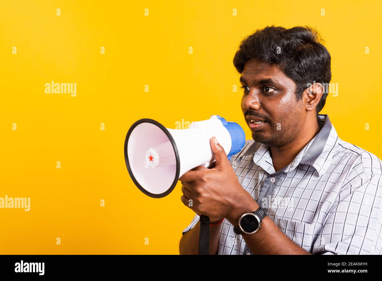 black woman standing to make announcement message shouting screaming in ...