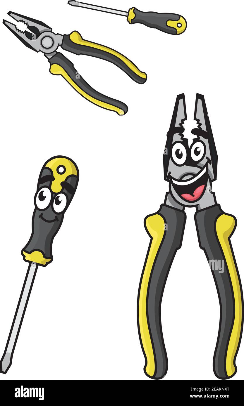 Matching cartoon pliers and screwdriver with colorful yellow and grey ...