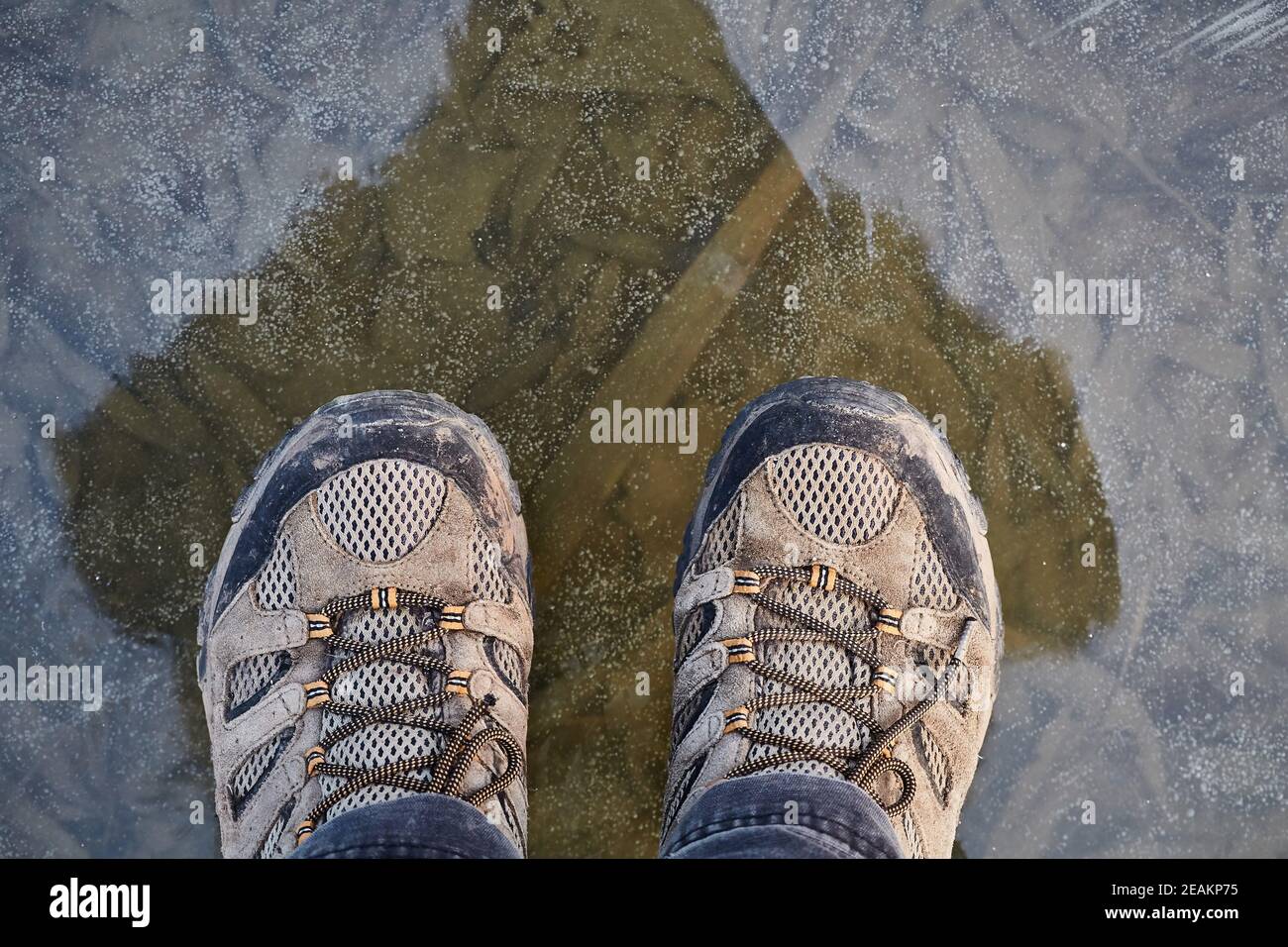 Standing on ice of frozen lake Stock Photo - Alamy