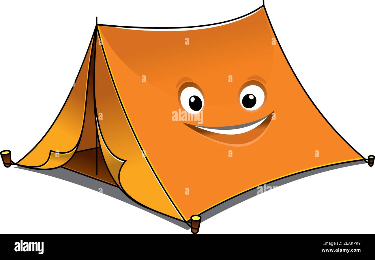 Cheerful cartoon orange tent with open front flaps and a smiling face ...
