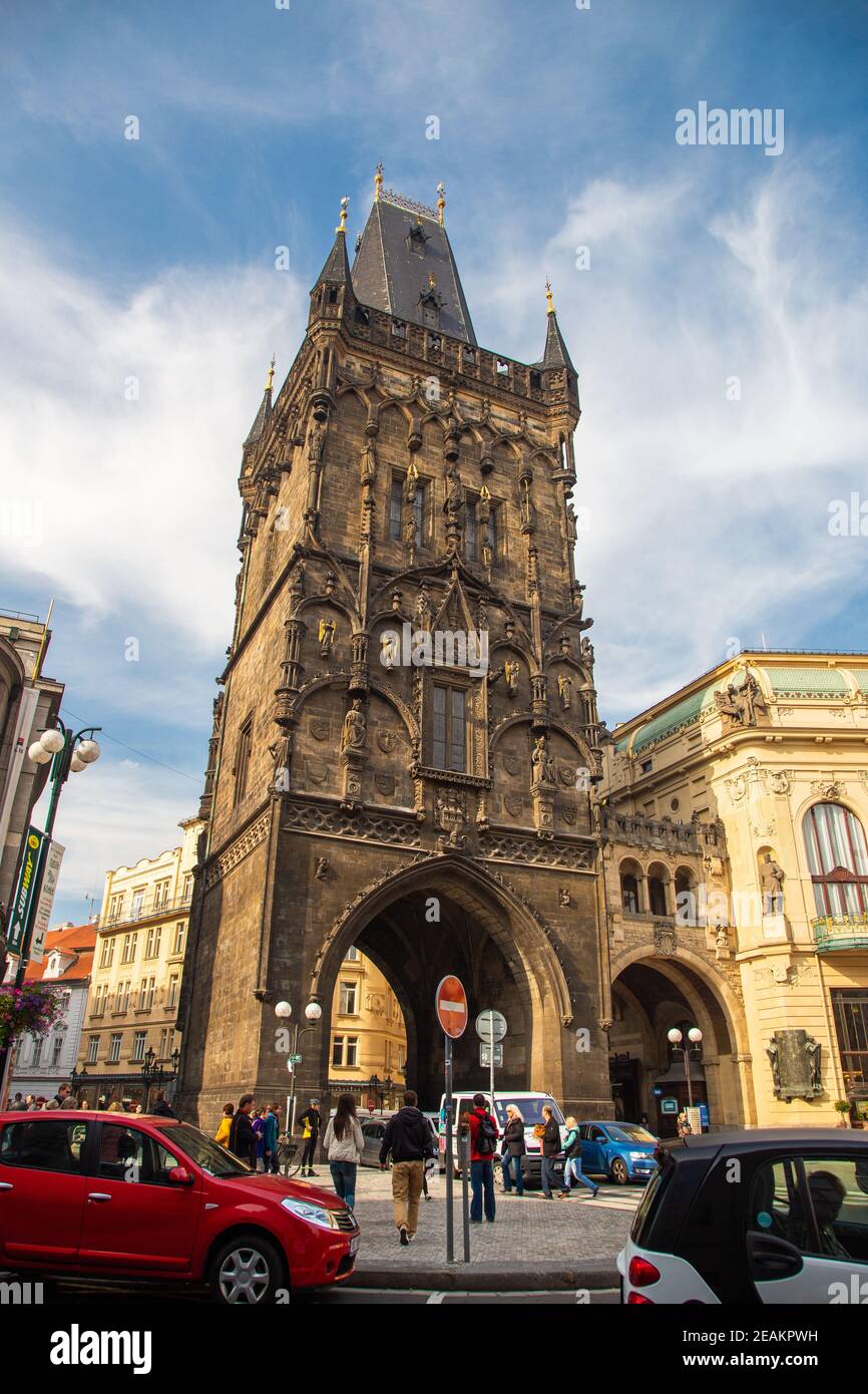 PRAGUE, CZECH REPUBLIC - Oct 08, 2013: The Powder Tower and Powder gate in Prague, Czech ...