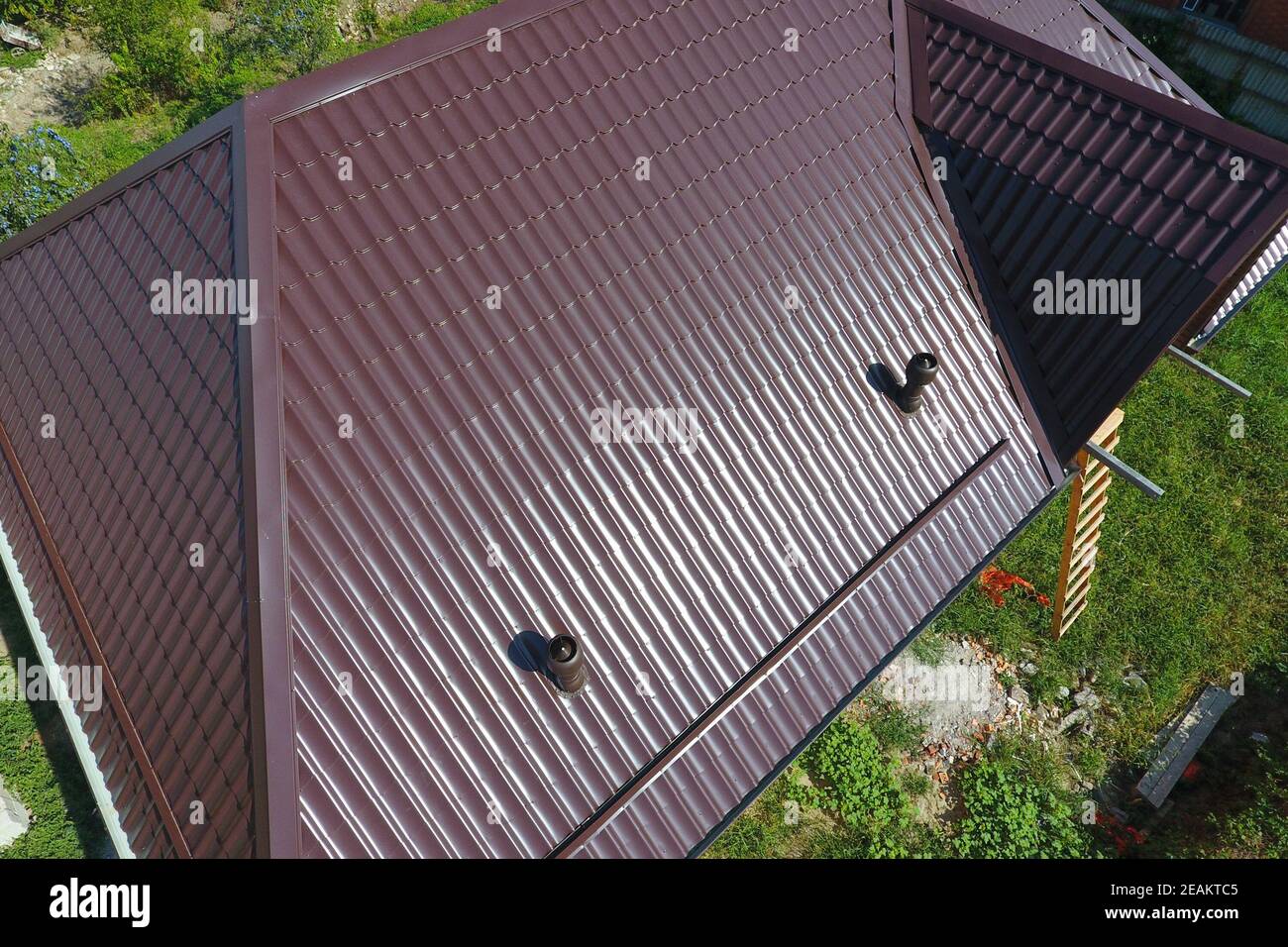A view from above on the roof of the house. The roof of corrugated ...