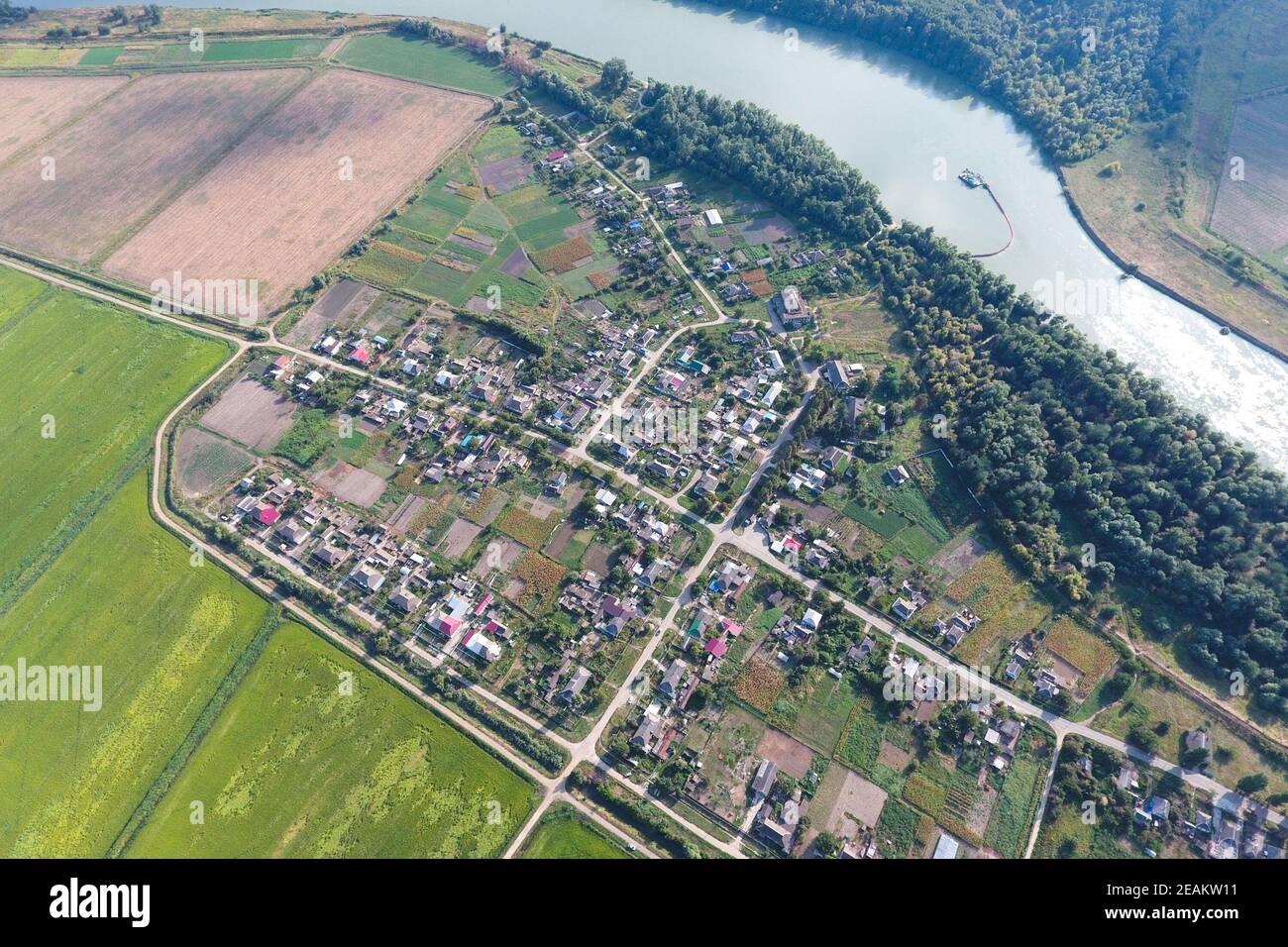 Top view of the small village. Aerophotographing above the village ...