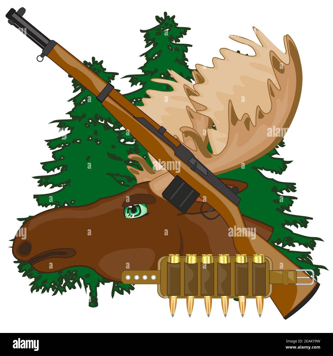 Head moose with horn and weapon on background wood Stock Photo - Alamy