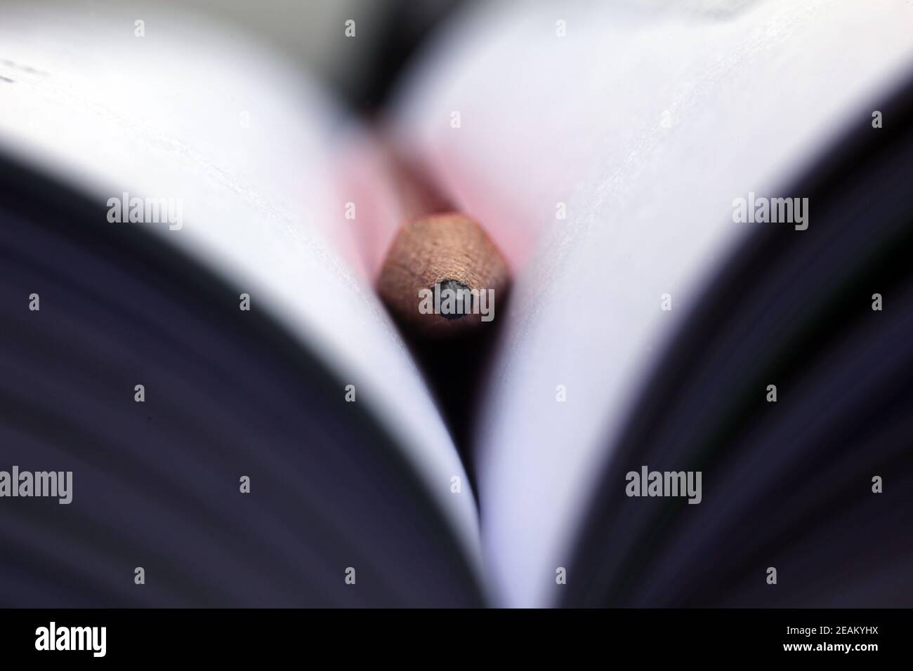 Open book with pencil Stock Photo - Alamy