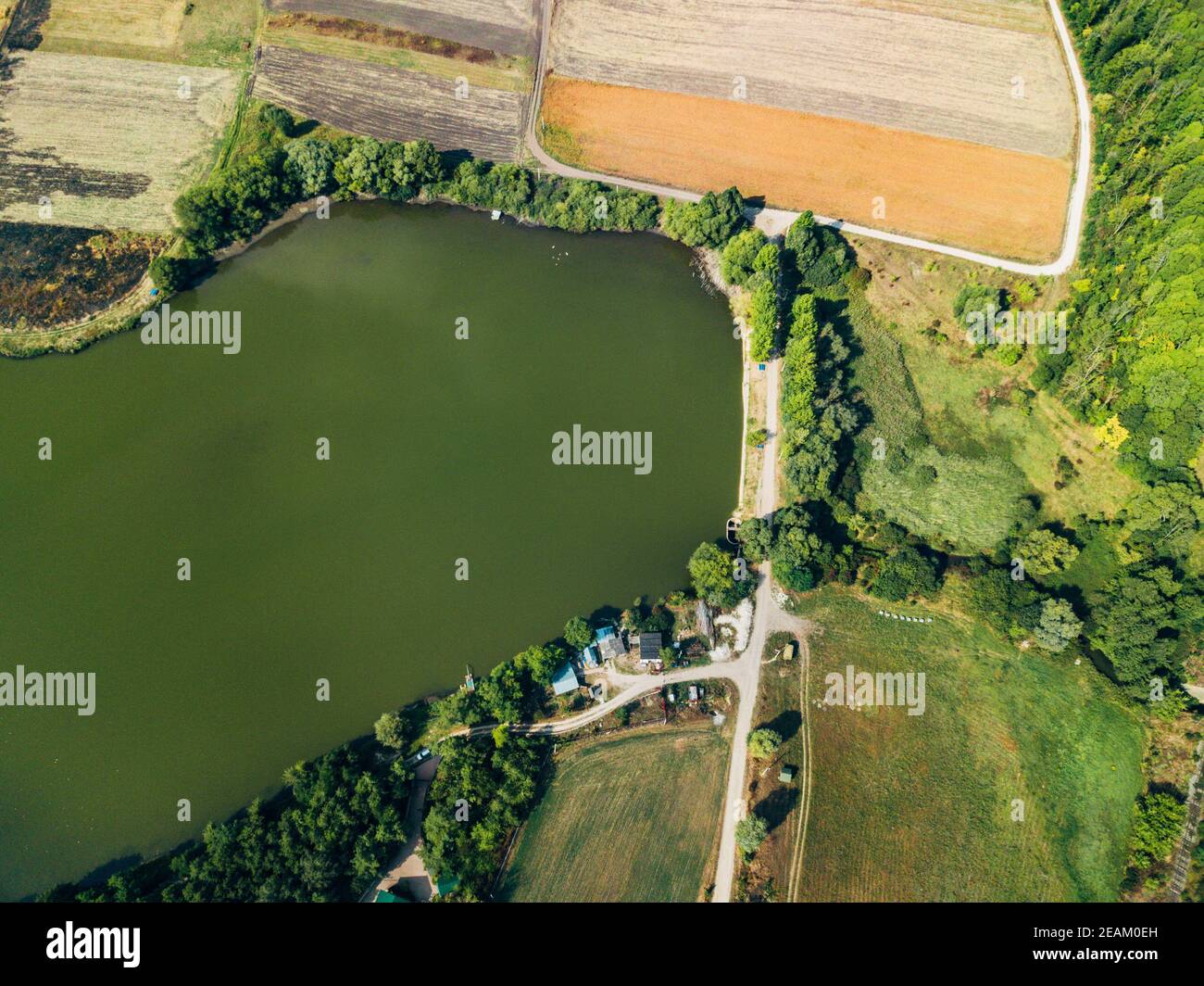 Aerial View Above Large Lake near Agricultural Fields Stock Photo - Alamy