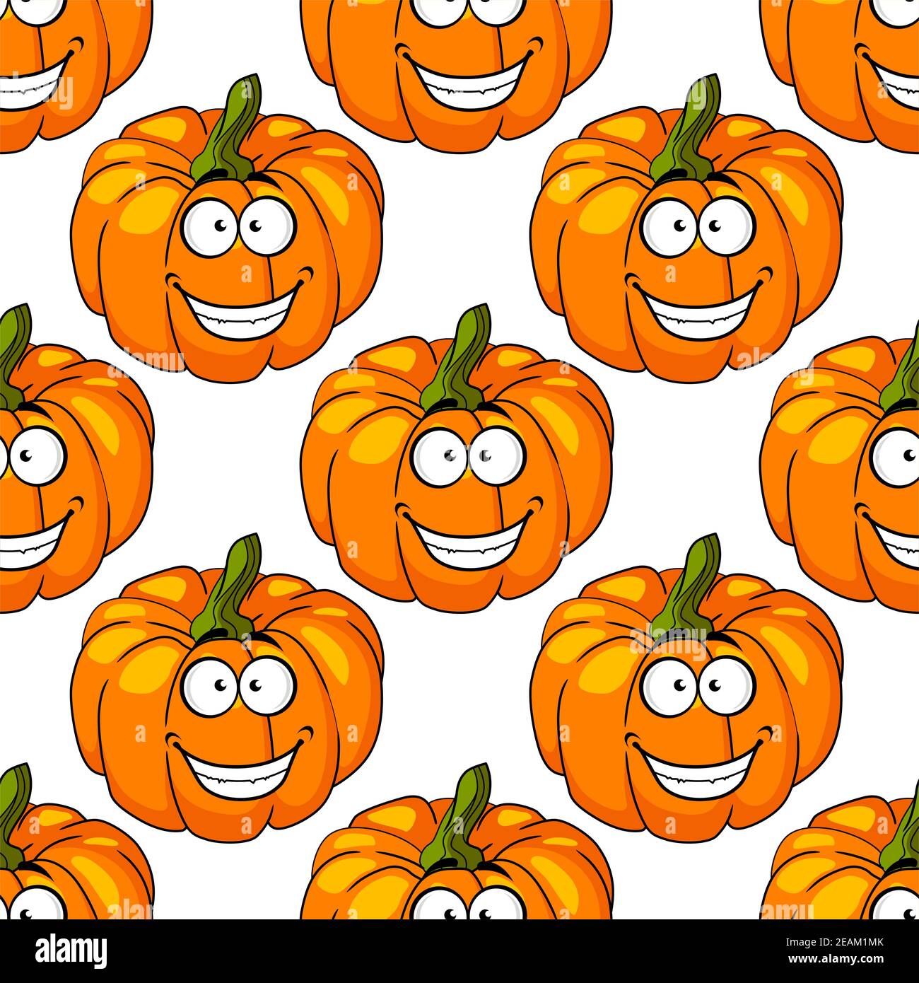 Happy smiling colorful fresh pumpkin with a cute grin and green stalk ...