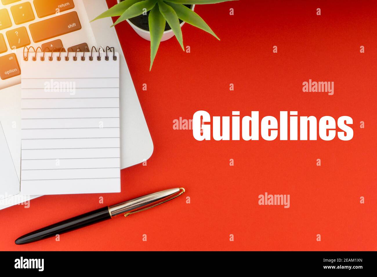 GUIDELINES text with notepad, laptop, fountain pen and decorative plant ...
