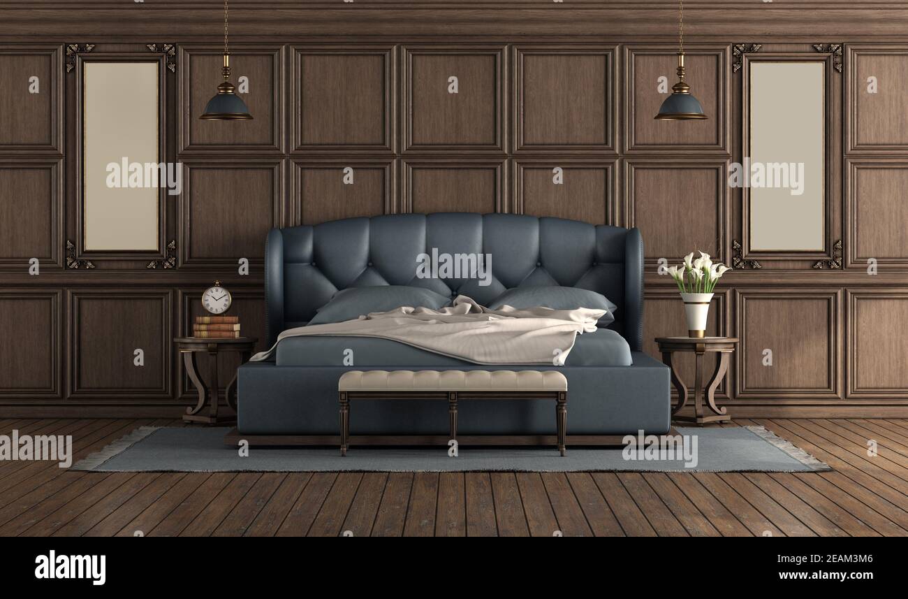 Classic luxury bedroom with wooden boiserie on the wall Stock Photo - Alamy