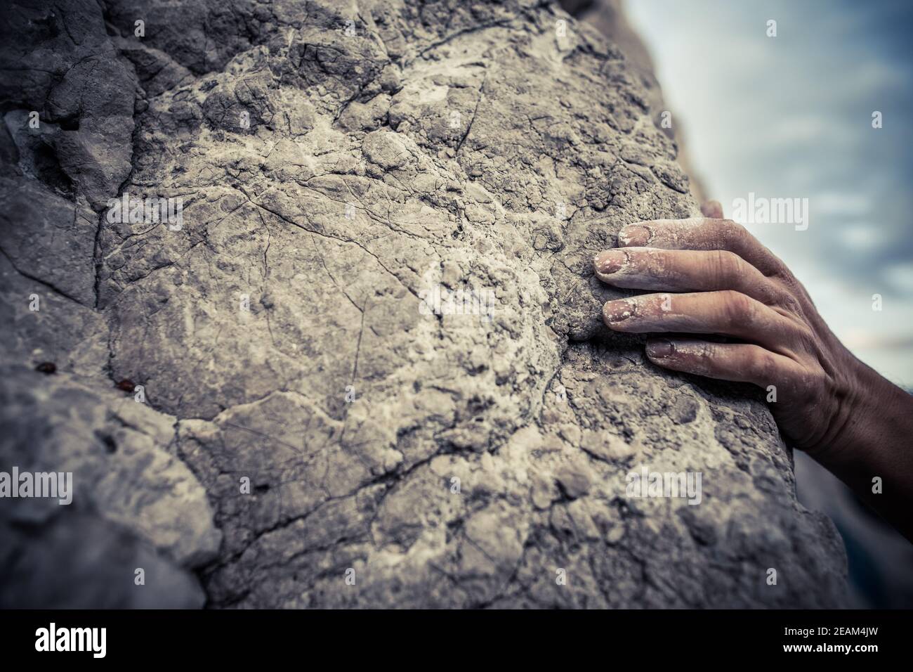 Adult male handholding on to a rock Stock Photo - Alamy