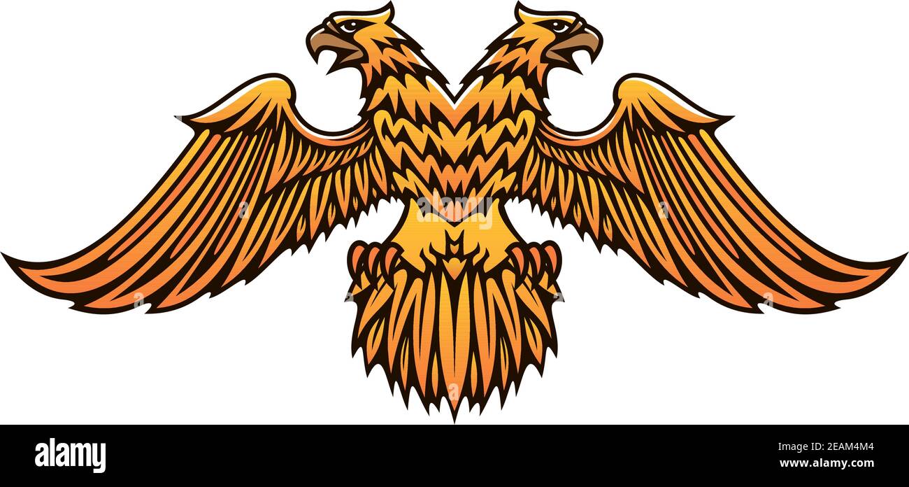 Double headed golden Imperial eagle with fierce beaks and outstretched ...