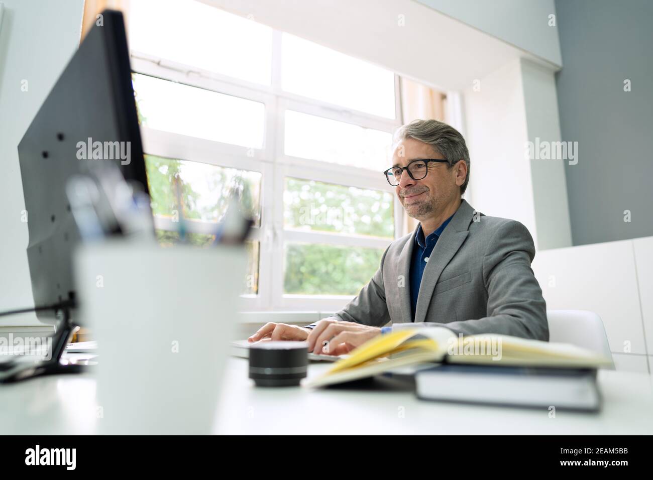 Happy Professional Man Employee Using Computer Stock Photo - Alamy