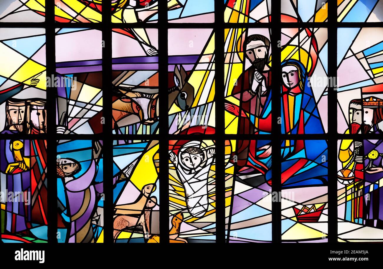 Nativity Scene, stained glass window in the Saint Lawrence church in ...