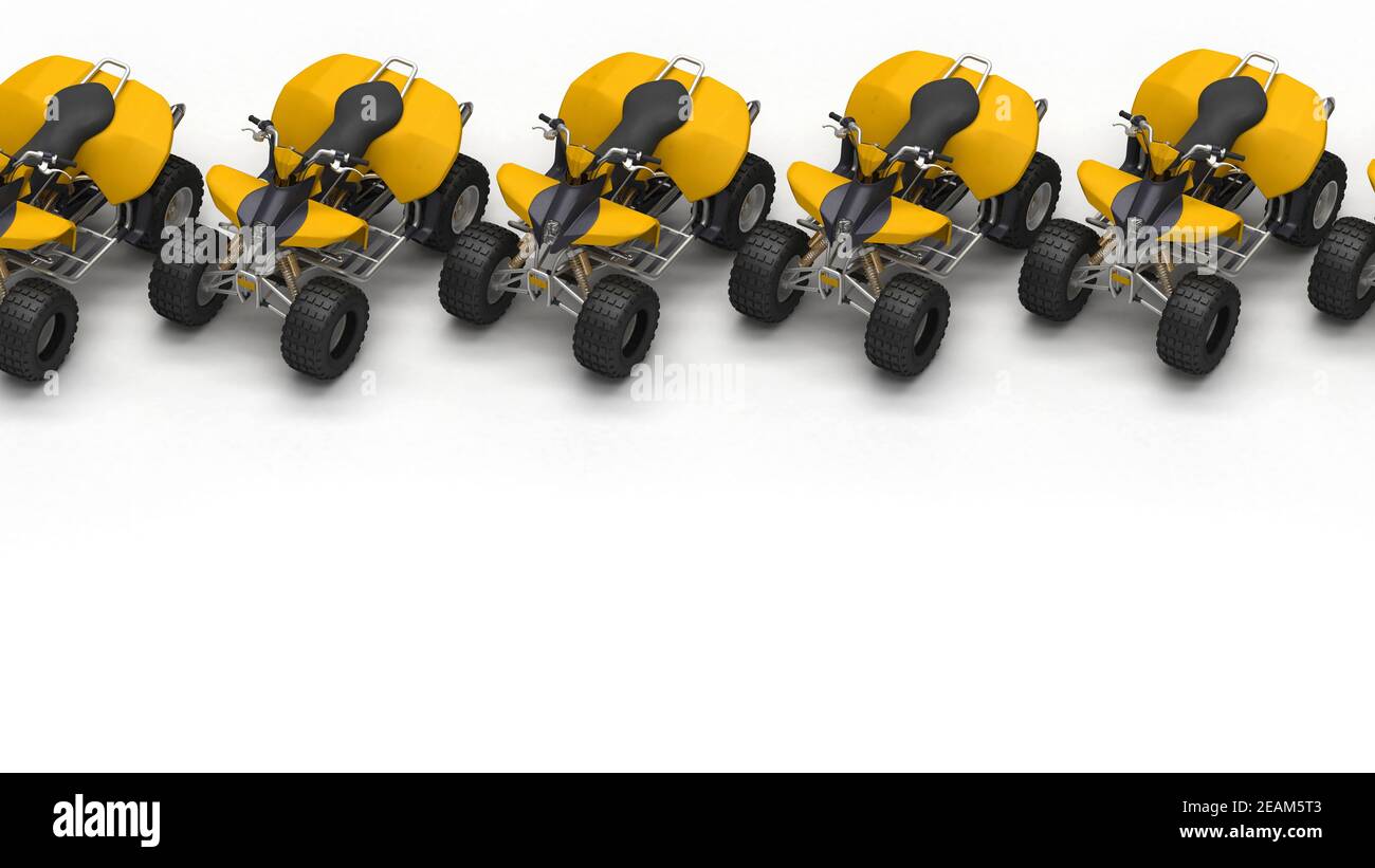 row of ATVs above view with copy space. 3d rendering Stock Photo - Alamy