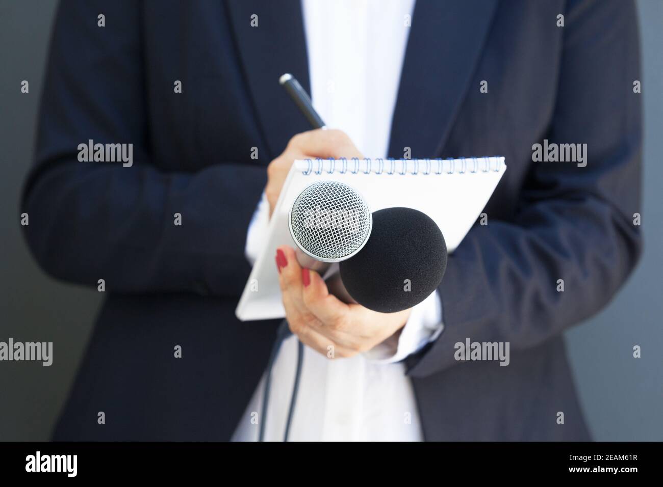 Female journalist at news conference or media event, writing notes ...