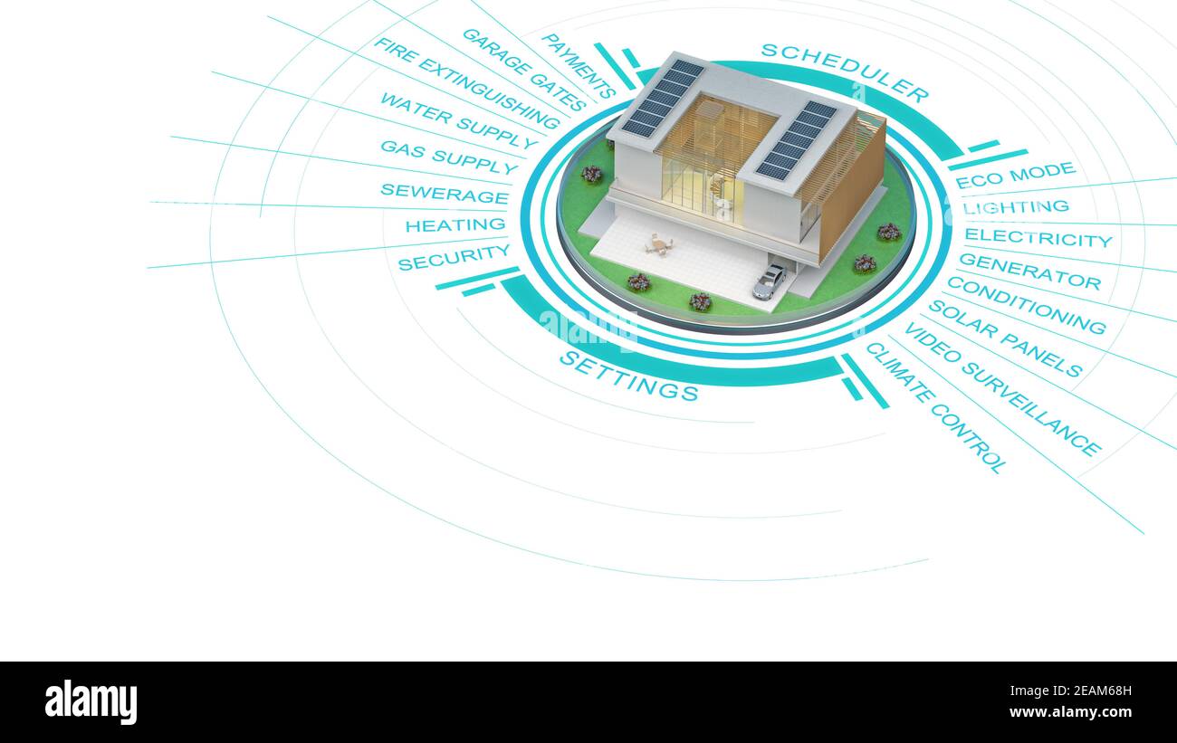 modern smart house with infographics communications. 3d rendering Stock ...