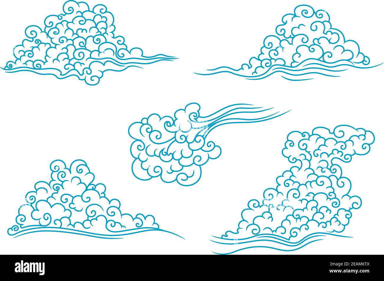 Blue clouds set in retro style isolated on white background for weather ...