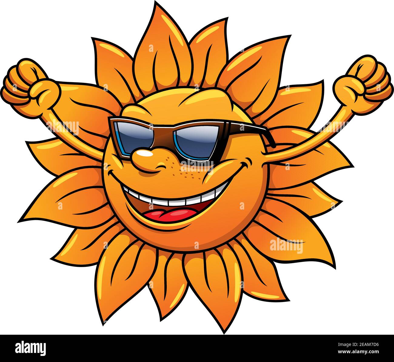 Cute cartoon fun loving tropical sun in sunglasses smiling, cheering ...