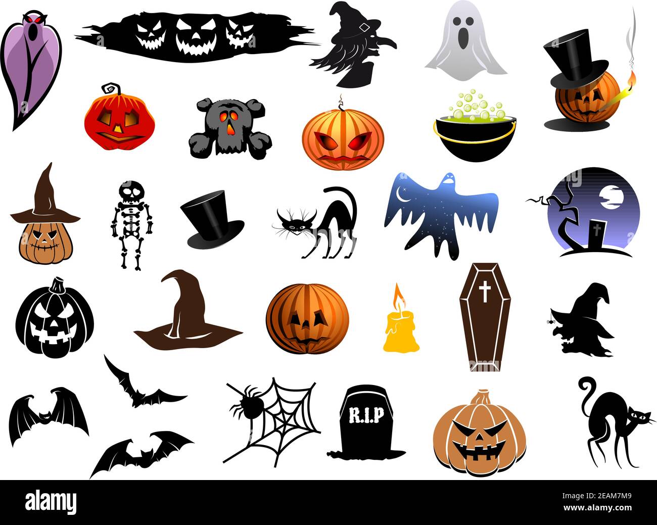 Set of colorful Halloween icons with lanterns, bats, ghosts, cat, witch ...