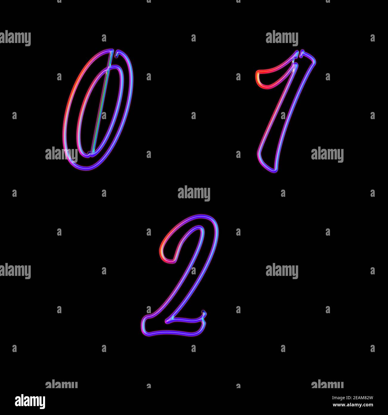 3D rendering of glowing neon digits - digits 0-2 Stock Photo - Alamy