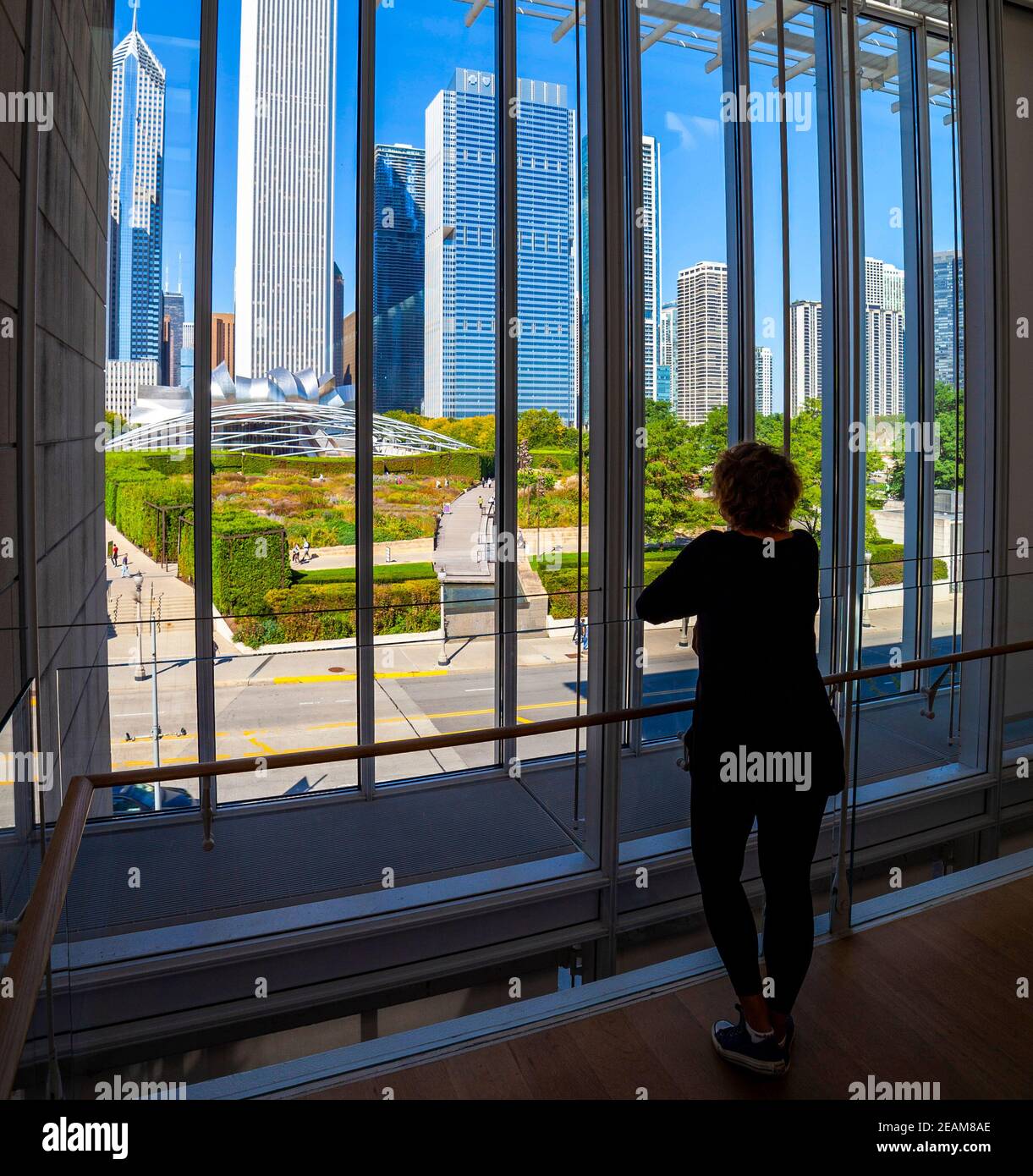 Woman looking out the window, skyscrapers in downtown Chicago Stock ...