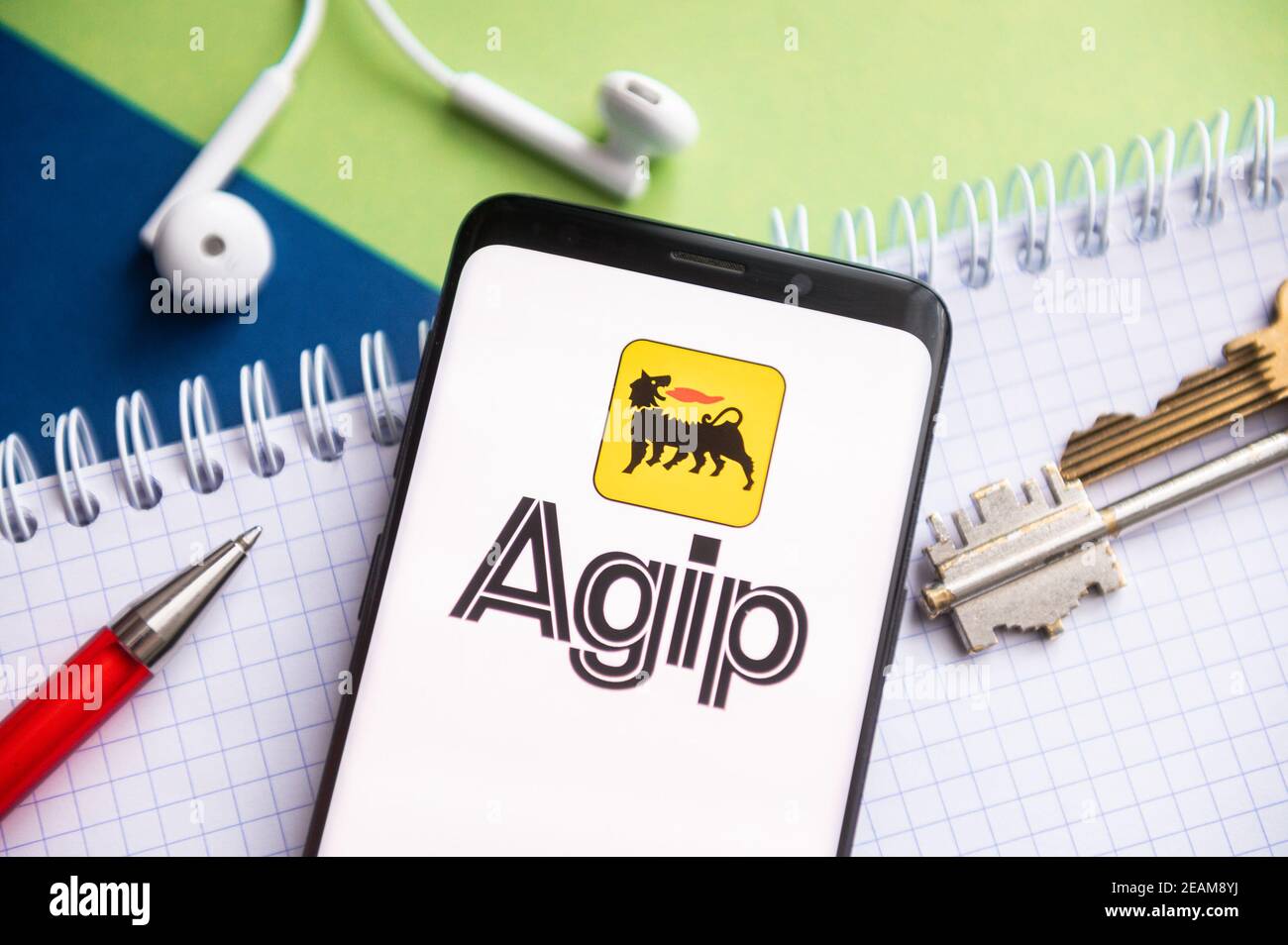 Poland. 9th Feb, 2021. In this photo illustration, an Agip logo seen ...