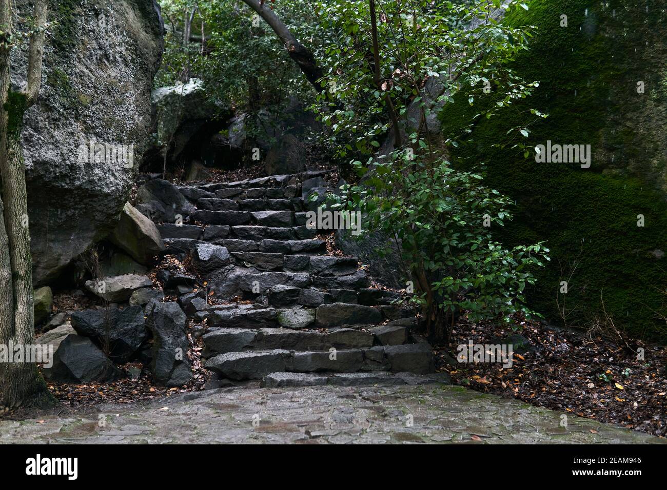 staircase made of natural stone between rocks in ancient landscape park ...