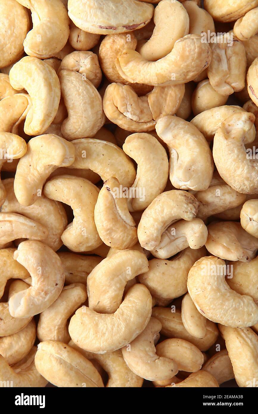 Cashew nuts, without shells, in large quantities. Natural product. The ...