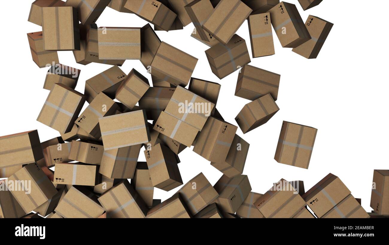 Falling corrugated cardboard boxes, computer generated. 3d rendering of ...